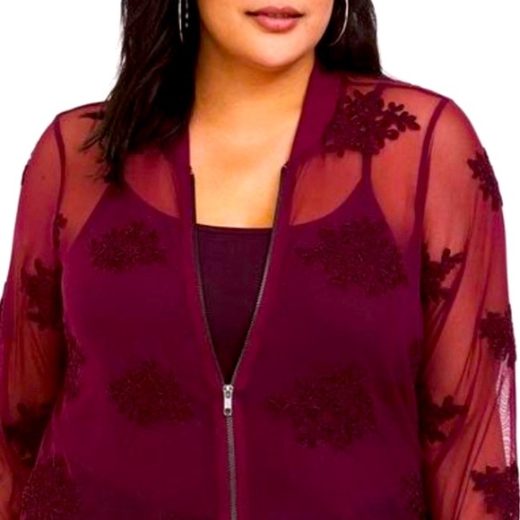 torrid | Jackets & Coats | Torrid Maroon Embroidered Mesh Zip Up Bomber ...